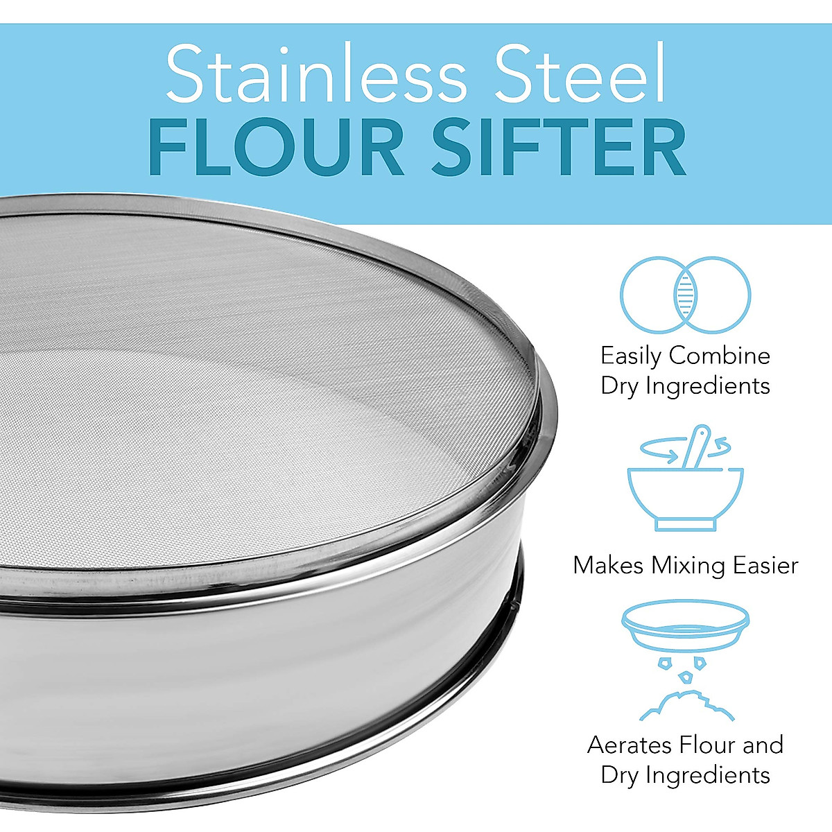 Vollum Stainless Steel Flour Sifter Fine Mesh Round Flour Sifter for Baking 8" Diameter x 2.5" High; Mesh-Hole Size 0.85mm