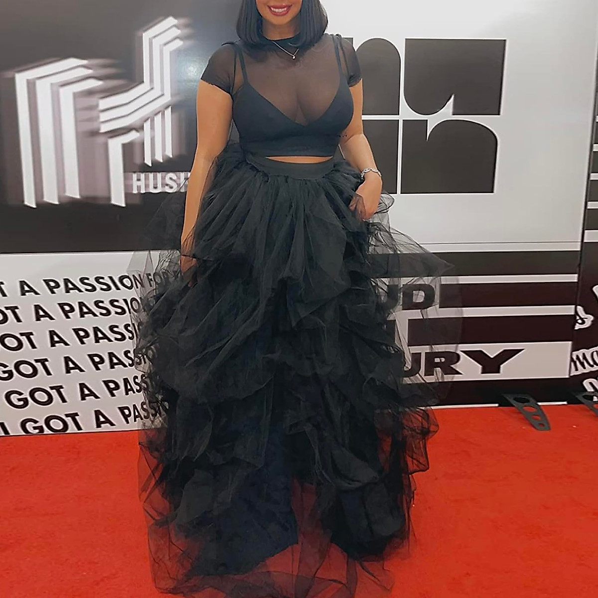 Lisong Women Maxi Tulle Floor Length Bustle Skirt Elastic High Waist Special Occasion Party Skirt XL Black