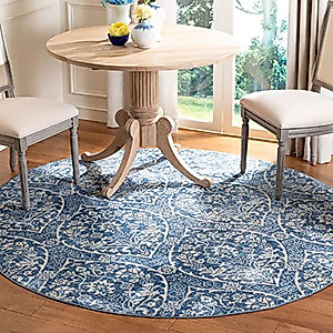 SAFAVIEH Brentwood Collection 8' x 10' Navy / Light Grey BNT860M Floral Damask Ogee Trellis Non-Shedding Living Room Bedroom Dining Home Office Area Rug