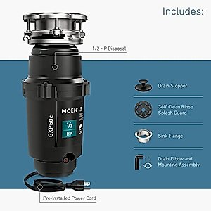 Moen GXP50C Prep Series PRO 1/2 HP Continuous Feed Garbage Disposal, Power Cord Included