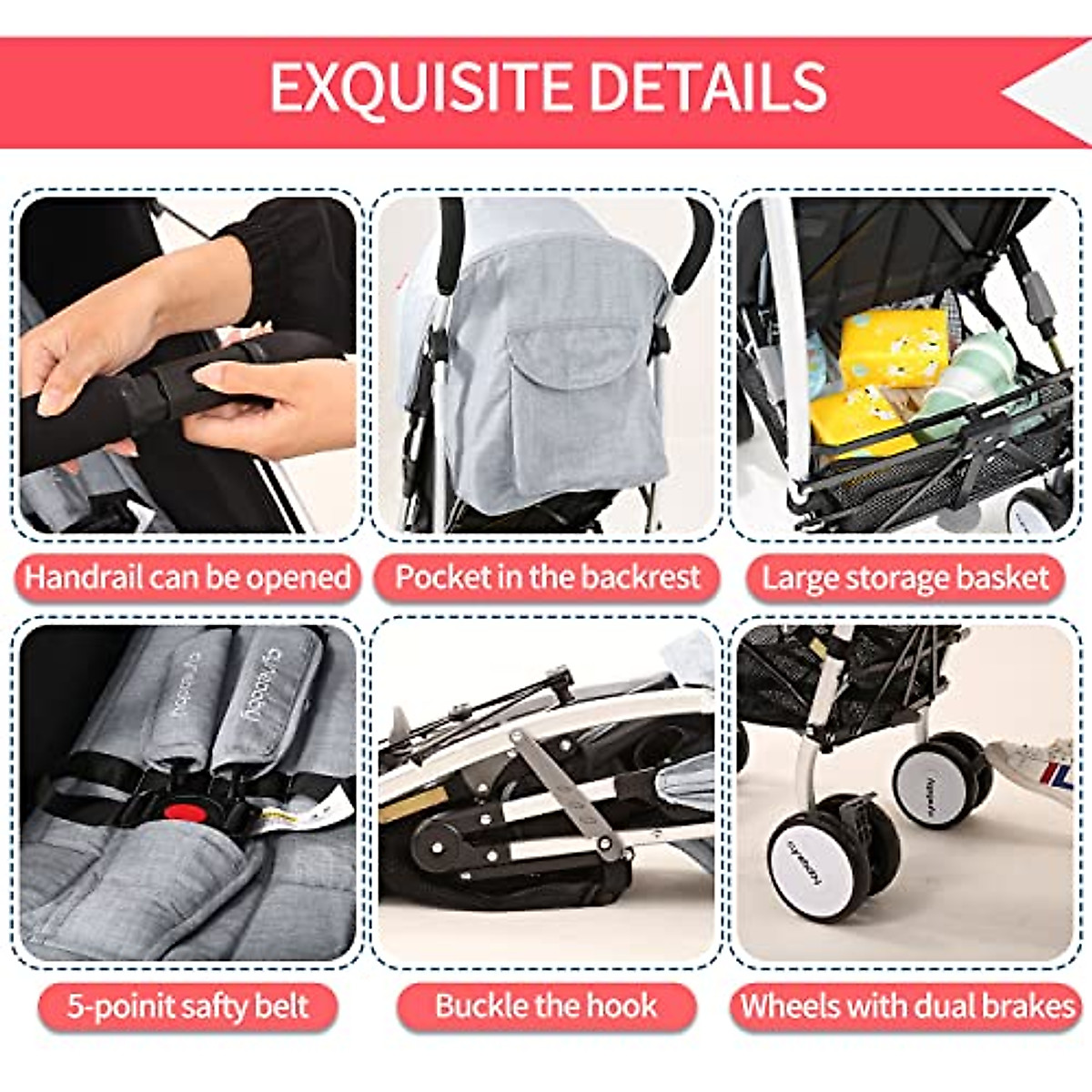 Umbrella Baby Stroller Lightweight Compact Stroller All Terrain Convenience Carriage Stroller Travel Tall Pram for Toddler Big Kids Single Stroller (Bright Grey)