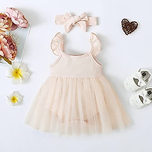 OPAWO Newborn Dress Infant Tulle Dress Baby Girl Photoshoot Outfits Summer Romper Onsies with Strap and Headband 3-6 Months Beige