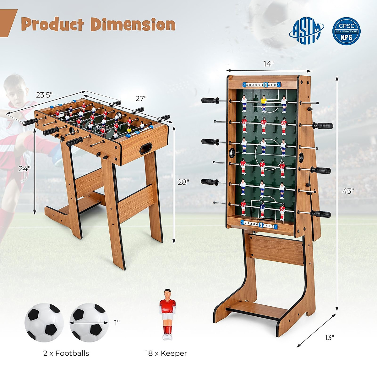 GYMAX Folding Foosball Table, 27” Freestanding Soccer Game Table with 2 Balls for Family, Home, Game Room, Foosball Table for Kids & Adult
