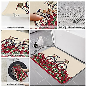 Libaoge Full of Love Bicycles and Red Rose Flower Floral Kitchen Mat Rug Set of 2 Runner Rug Anti-Fatigue Comfort Memory Foam Standing Mat Non-Slip Floor Door Mat for Bathroom Bedroom 18x30in+18x60in