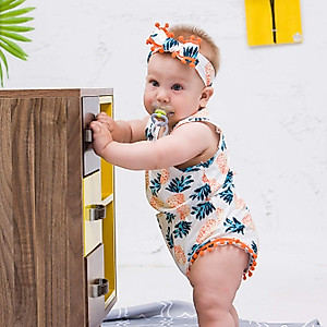 UNICOMIDEA Newborn Baby Sleeveless Bodysuit Infant Outfits Cutest Toddler Pineapple Rompers Sweet Cartoon Birthday Jumpsuit Short Sleeve Cute Jumper + Headband for Babe Wiggly Girl