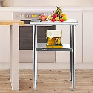 VEVOR Stainless Steel Prep Table, 24 x 18 x 36 Inch, 600lbs Load Capacity Heavy Duty Metal Worktable with Adjustable Undershelf & Feet, Commercial Workstation for Kitchen Restaurant Garage Backyard