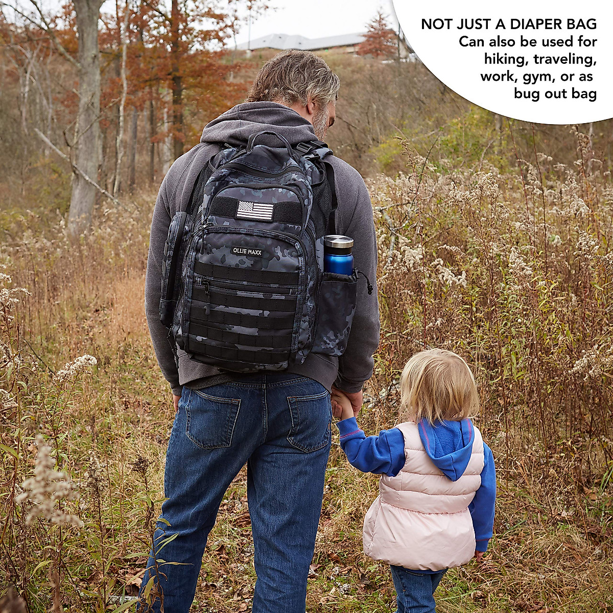 Diaper Bag Backpack for Dad - Baby Backpack - Dad Gear - Baby Accessories for Men - Tactical - Changing Pad, Wipe Dispenser, Stroller Straps, Military Camo with Flag Patch and Insulated Pockets