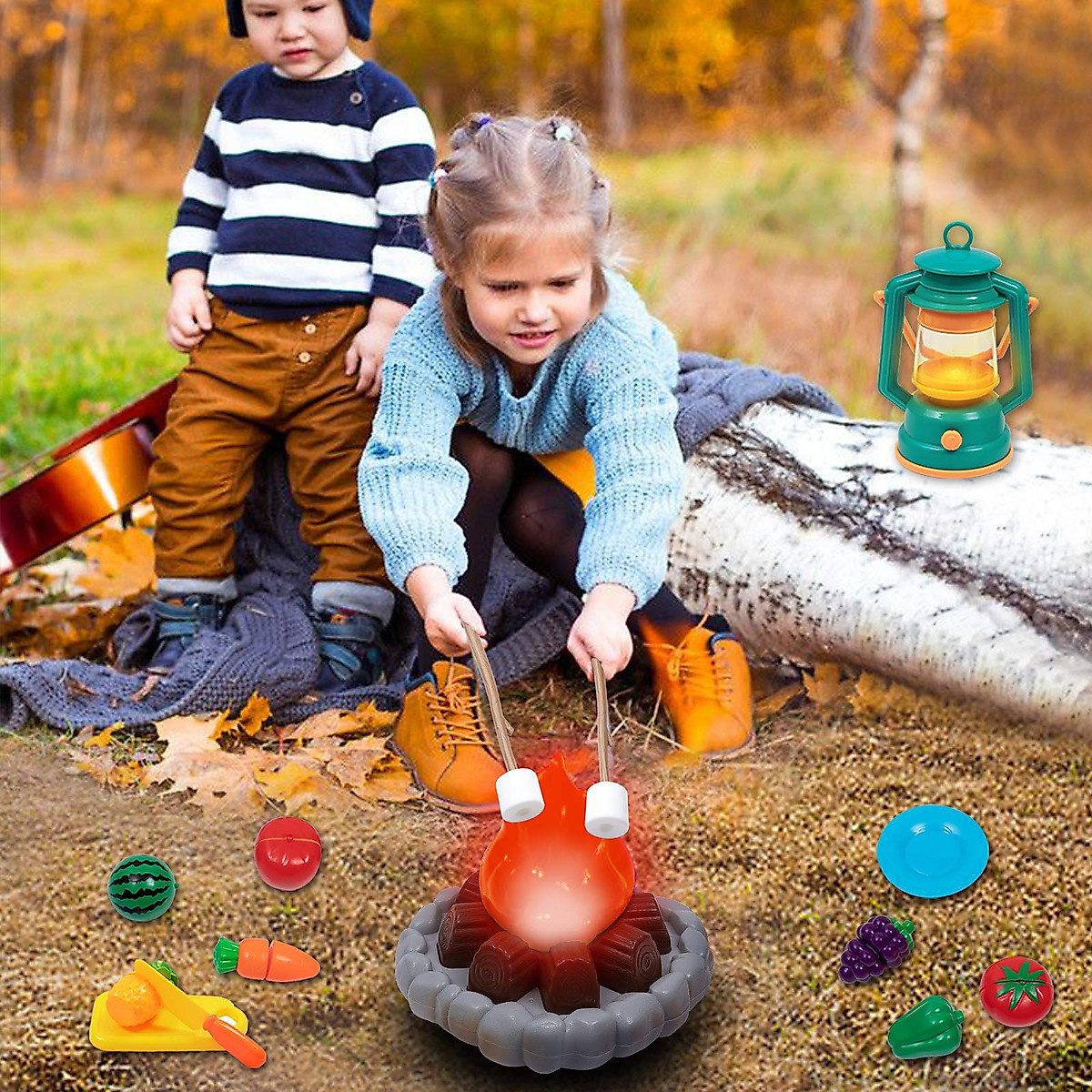 MITCIEN Pretend Camping Toys Play Set, Campfire, Play Food Toy Food for Kids with Oil Lantern, Pretend Fruits Vegetables Cutting, S'Mores, Indoor Outdoor Toys for Toddler