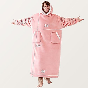 EHEYCIGA Wearable Blanket Hoodie with Pockets and Sleeves, Flannel Fleece Hooded Blanket for Women Men Adults and Kids, Pink, Extended Oversize