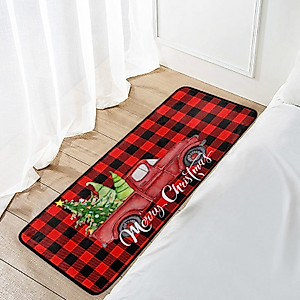 Christmas Tree Red Truck Kitchen Rugs Buffalo Check Plaid Winter Bath Rug Indoor Outdoor Doormat Runner Comfort Mat Non-Slip Carpet for Bathroom 39" X 20"