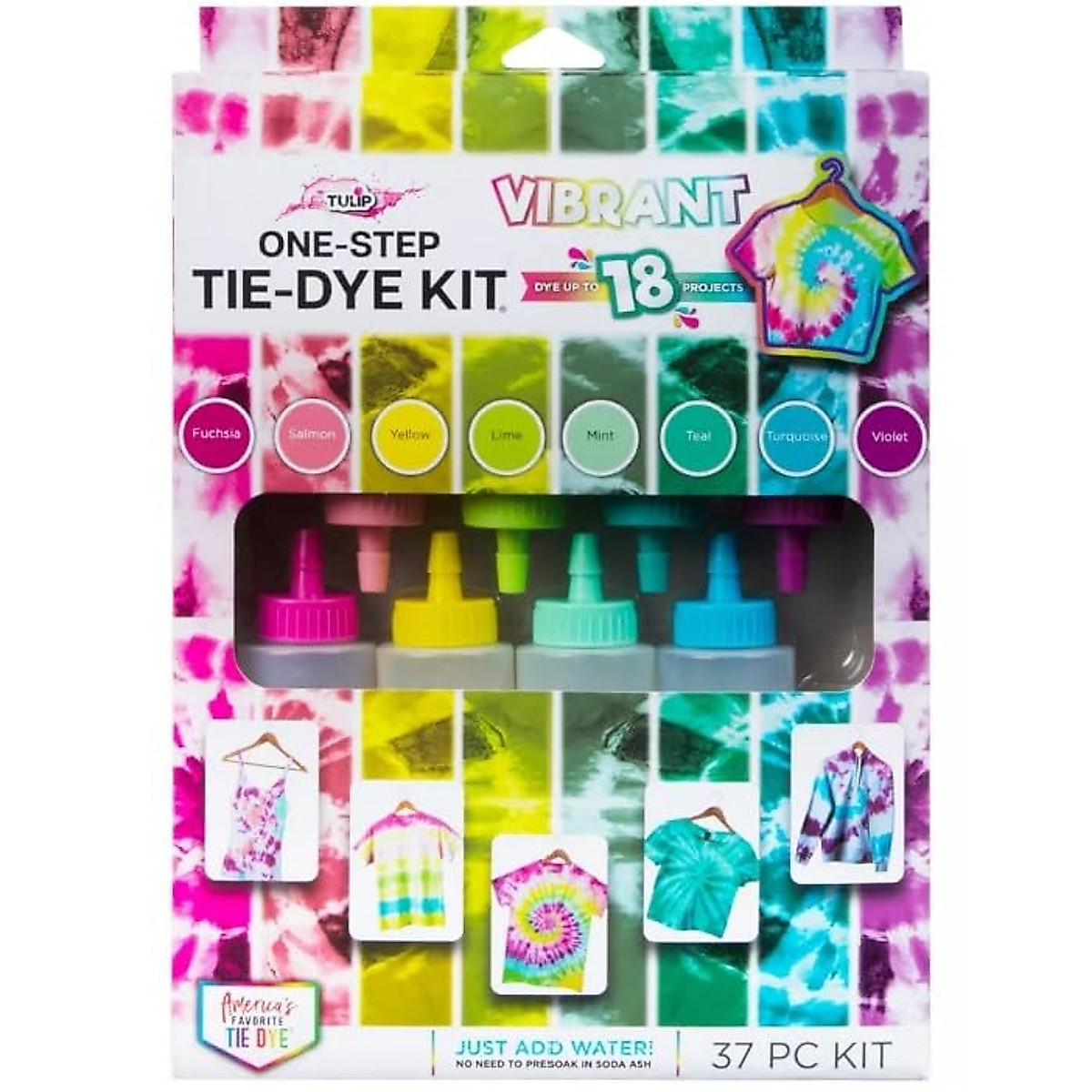 Tulip 37pc One-Step Tie-Dye Kit Vibrant, Ash,Fuchsia,Lime,Teal,Turquoise,Violet,Yellow