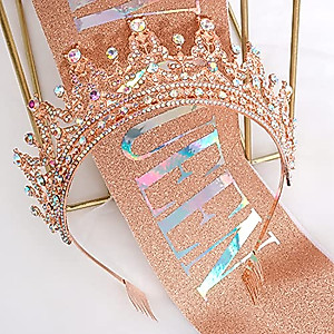 SuPoo Rose Gold Birthday Crown and Sash Kit Birthday Tiara Glitter Birthday Sash for Women Birthday Queen Sash Rhinestones Princess Crown with Comb Crystal Birthday Decorations Party Supplies Favors
