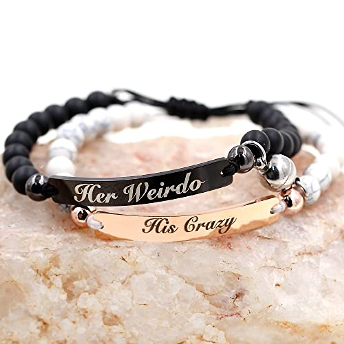 Uloveido His Crazy Her Weirdo Couple Bracelets Stainless Steel ID and Natural Beads Handmade Braided Rope Bracelet Set for Men Women Adjustable (His Crazy Her Weirdo)