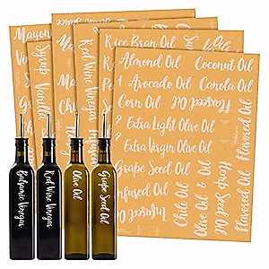 Talented Kitchen 132 White Cursive Oil and Vinegar Labels for Bottles, Clear Preprinted Condiments Stickers for Squeeze Dispensers, Kitchen Pantry Organization