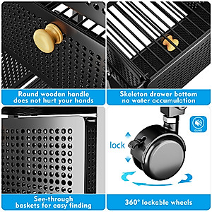 5 Tier Kitchen Rolling Cart with Drawers, Multipurpose Utility Cart, Storage Carts for Kitchen, Rolling Organization Carts with Lockable Wheels & Mesh Basket, Black