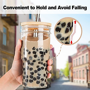 Reusable Boba Cup Smoothie Cup Boba Tea Cups, 2 Pack Wide Mouth 22oz Glasse Iced Coffee Cup with Bamboo Lid and Straw, Mason Jar Cup Drinking Glasses Tumbler with Straw and Lid (Silver Straw, 2)