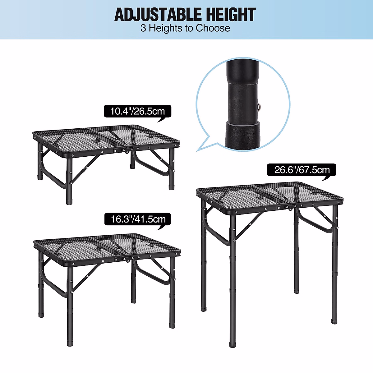 RedSwing Folding Grill Table, Lightweight Height Adjustable Aluminum Table with Mesh Desktop and Mesh Bag for Outdoor Camping Picnic BBQ, Small 2 Feet, Black