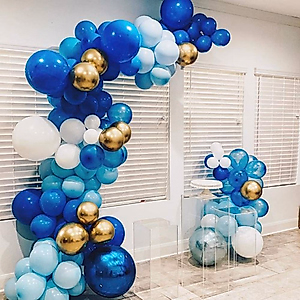 100Pcs Blue Gold White Balloon Garland & Arch Kit-100pcs Latex Balloons, 16 Feets Arch Balloon Strip Tape for Baby Shower Birthday Wedding Party Backdrop