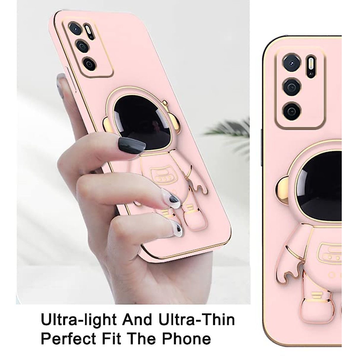 Compatible with Oppo A16 Case with Plating Creative Astronaut Cartoon Holder Pink,Oppo A16s Phone Case Silicone Shockproof Stand Soft TPU Protective Slim Cover (Pink)