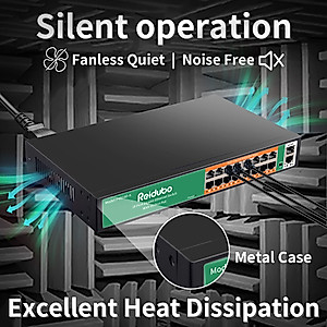 Reidubo 18 Ports Gigabit PoE Switch,16 Port Gigabit PoE+ Network Switch with 2 Uplink Gigabit Ports, 250W, Unmanaged, 19-inch Rackmount, Fanless Quiet Operation, Compatible with AP WiFi6, PoE Cameras