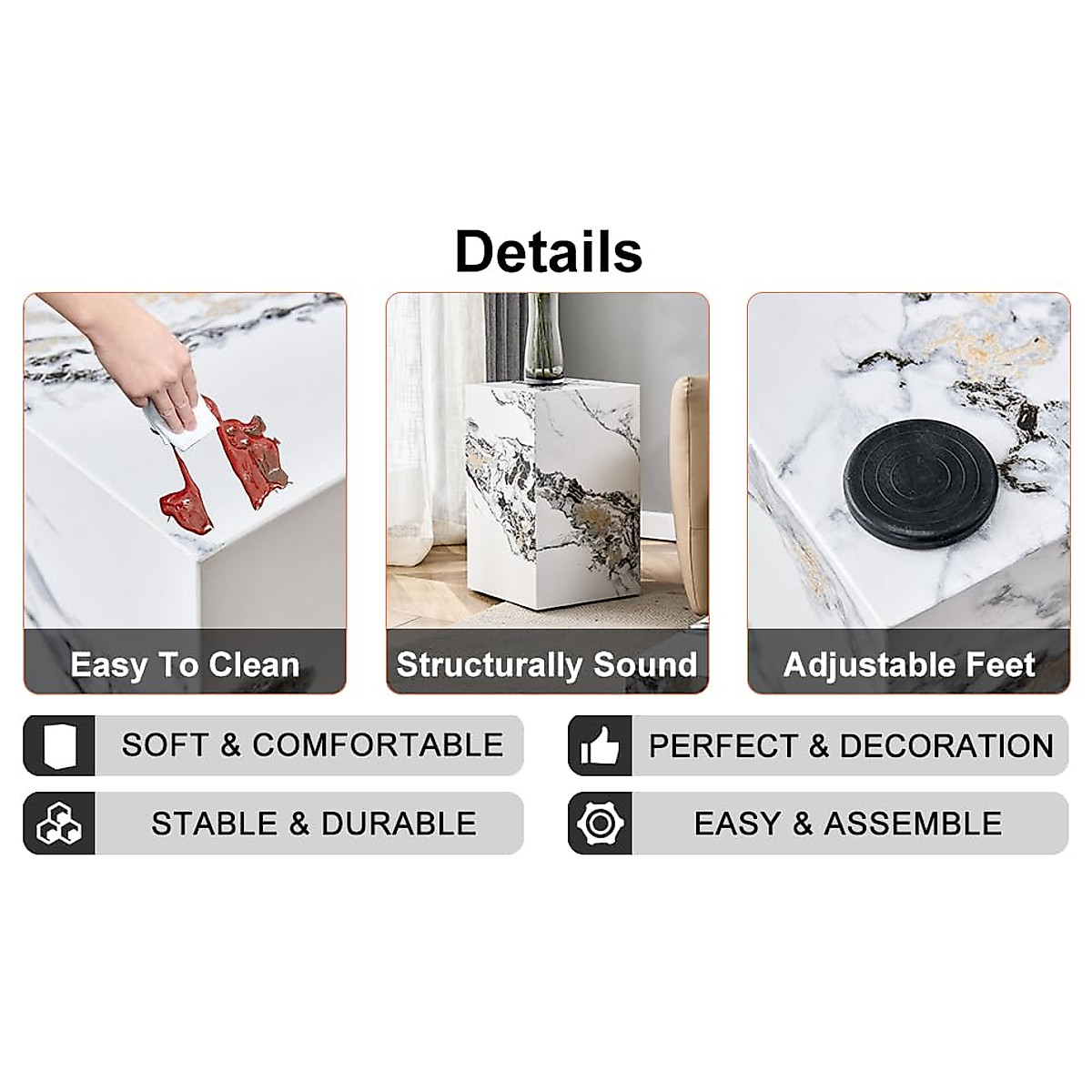 HESIEU Accent Table Side Table with Faux Marble Pattern Modern White Coffee Table Cube Stylish Accent Center Table Cocktail Table Marble Nightstand for Living Room Bedroom Office Dining Room