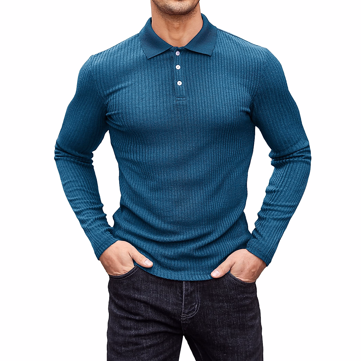COOFANDY Mens Long Sleeve Polo Shirt Knit Pullover Golf Tops Sweater T Shirts Blue