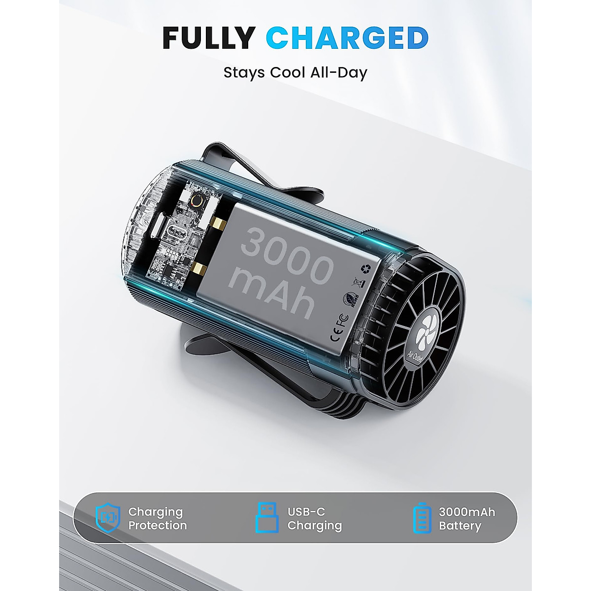 TEJINO Portable Fan, Personal Rechargeable Mini Waist Fan, 3000 mAh Battery Operated, Max 24H Working Time, 4 Speeds Clip Belt Fan for Outdoor, Indoor, Jobsite, Traveling, Gifts for Men - Black