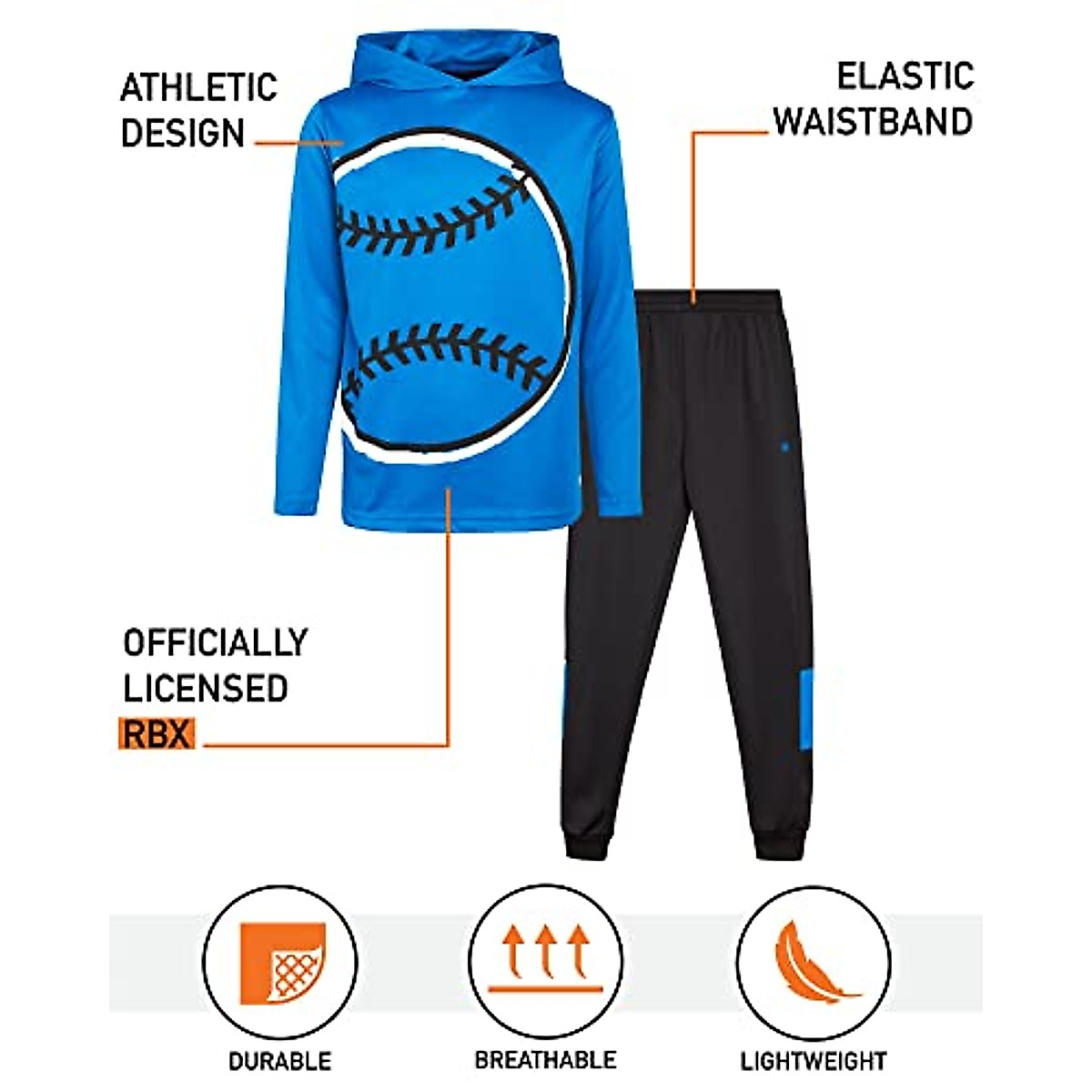 RBX Boys' Jogger Set - 2-Piece Thermal Sports Hoodie and Tricot Joggers (Size: 8-12), Size 12, Blue Baseball
