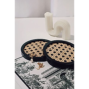 Unique Wooden Rattan Coasters | Stylish Rattan Decor to Protect Surfaces | Set of 4 | Classic Black Coasters for Drinks | Natural Handwoven Design (Round)