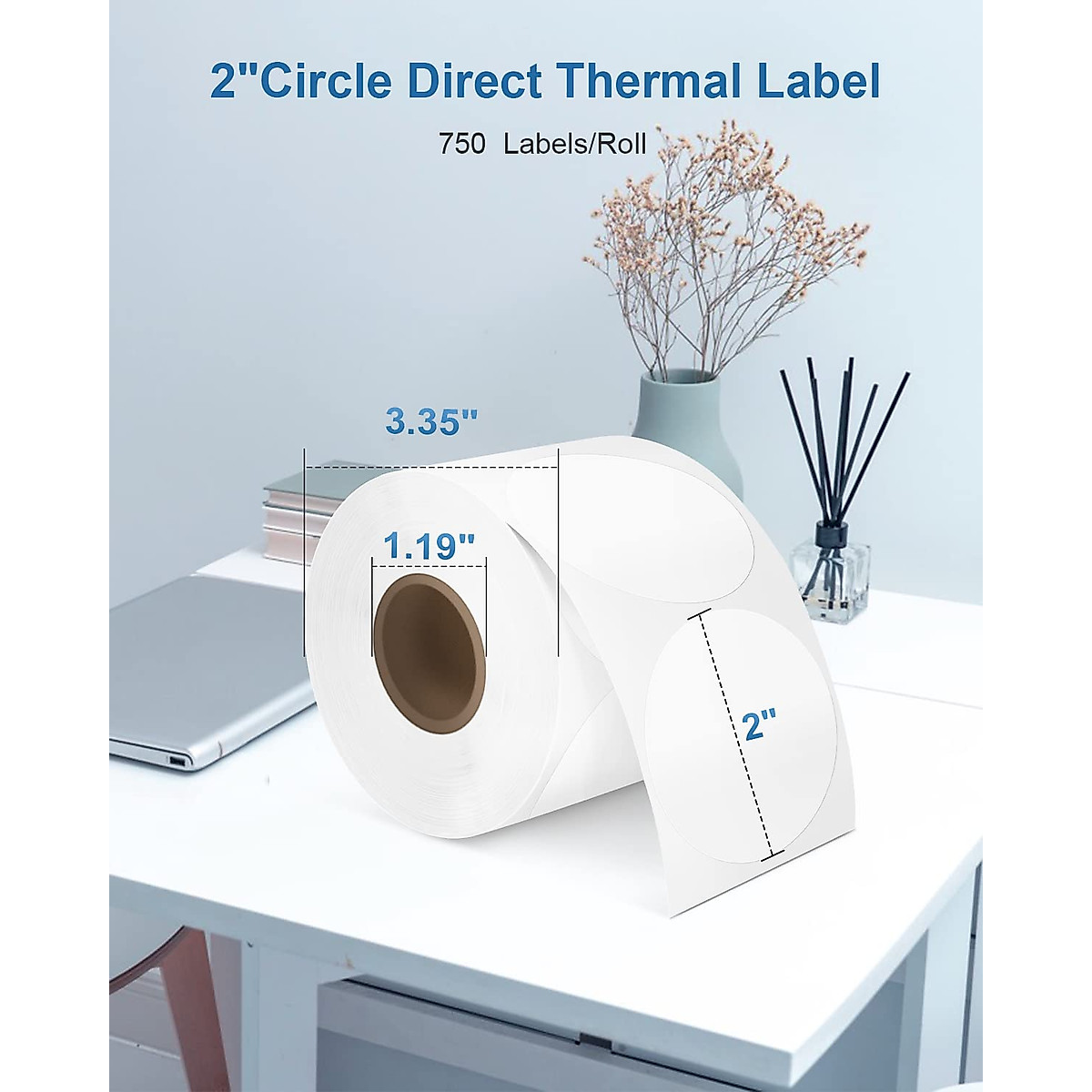 POLONO Shipping Label Printer, 4x6 Thermal Label Printer for Shipping Packages, Commercial Direct Thermal Label Maker, 2" White Circle Direct Thermal Labels (750 Labels