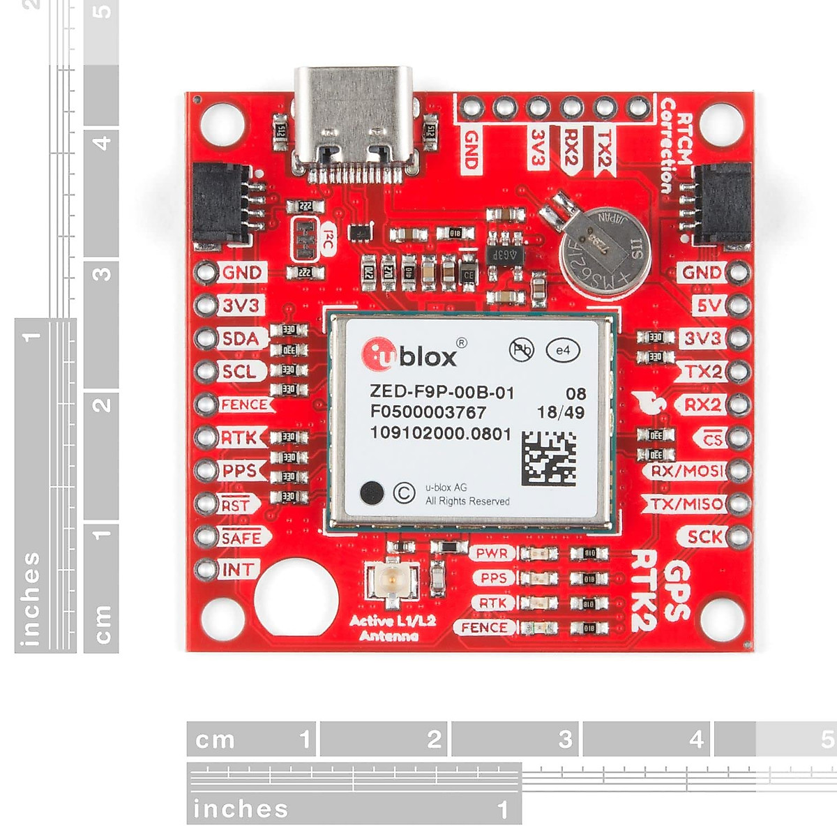 SparkFun GPS-RTK2 Board - ZED-F9P (Qwiic) High-Precision Breakout No Soldering Required Breadboardable Contains a Rechargeable Backup Battery Allowing a Warm-Start decreasing time-to-First-fix