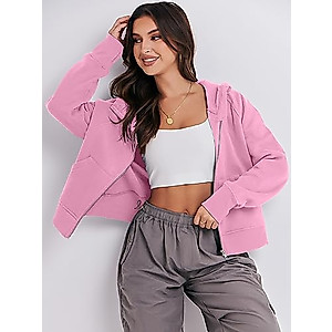 ANRABESS Women's Zip Up Cropped Hoodie Oversized Fall Sweatshirts Y2k Jacket Workout Crop Tops Rib Knitted Casual Long Sleeve Shirts Comfy Clothes A1015fense-M Pink