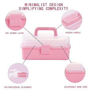 Flower River 11(in) Versatile Three-Layer Folding Organizer Box,Ideal for Art & Crafts,Toys,Sewing Supplies,Jewelry and Tools,Storage with Dual Trays,Elegant Pink