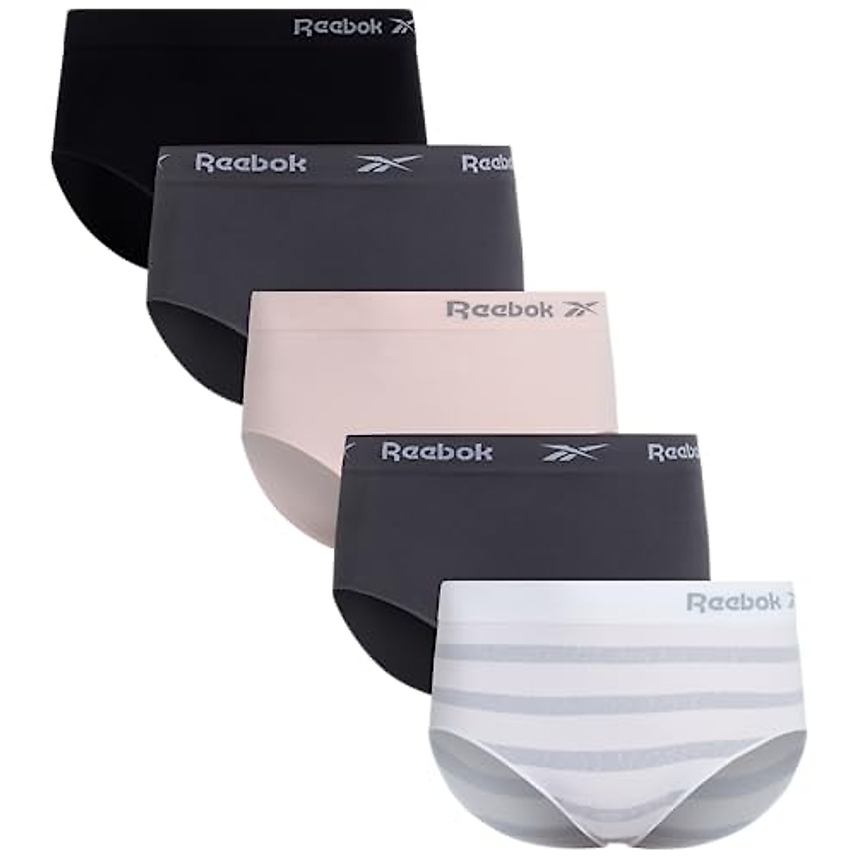 Reebok Women's Underwear - Plus Size Seamless Brief Panties (5 Pack), Size 3X, Black/Blackened Pearl/Lotus/Blackened Pearl/White-Grey Stripe