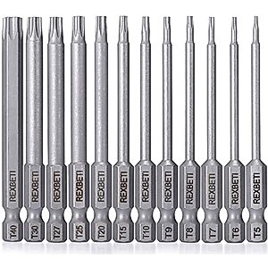 REXBETI 12 Piece Torx Head Screwdriver Bit Set, 1/4 Inch Hex Shank S2 Steel Magnetic 3 Inch Long Drill Bits, T5-T40 (Torx Head)