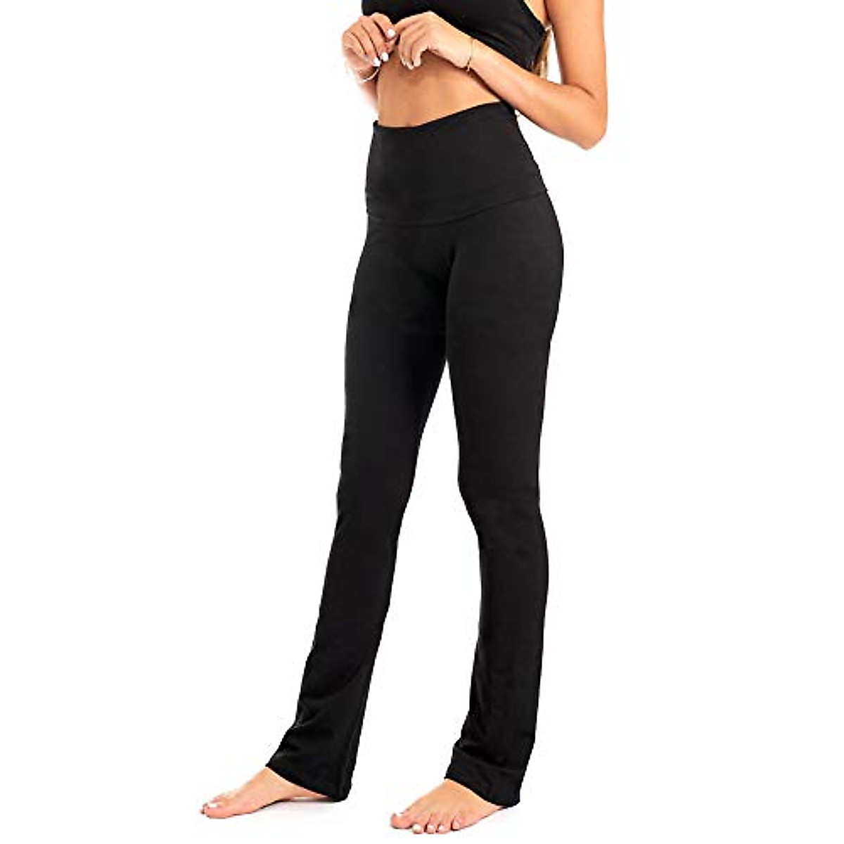 DEAR SPARKLE Bootcut Fold Over Leggings for Women | Slim Look Bootleg Yoga Pants w Pocket + Plus Size (C5 F) (Black, Medium)