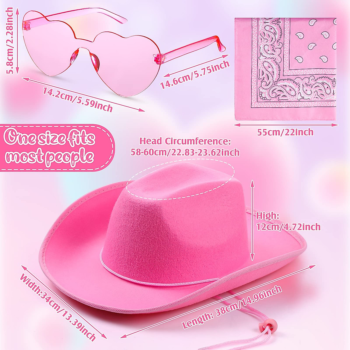 Coume 18 Pcs Cowboy Hat with Heart Sunglasses and Paisley Bandanas Western Cowgirl Hat for Halloween Cosplay Costume(Pink, White,Simple Style)