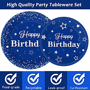 Tevxj Birthday Party Tableware Set, 96PCS Navy Blue and Silver, Disposable Plates, Napkins, Forks for 24 Guests, Place Setting for Men and Boys