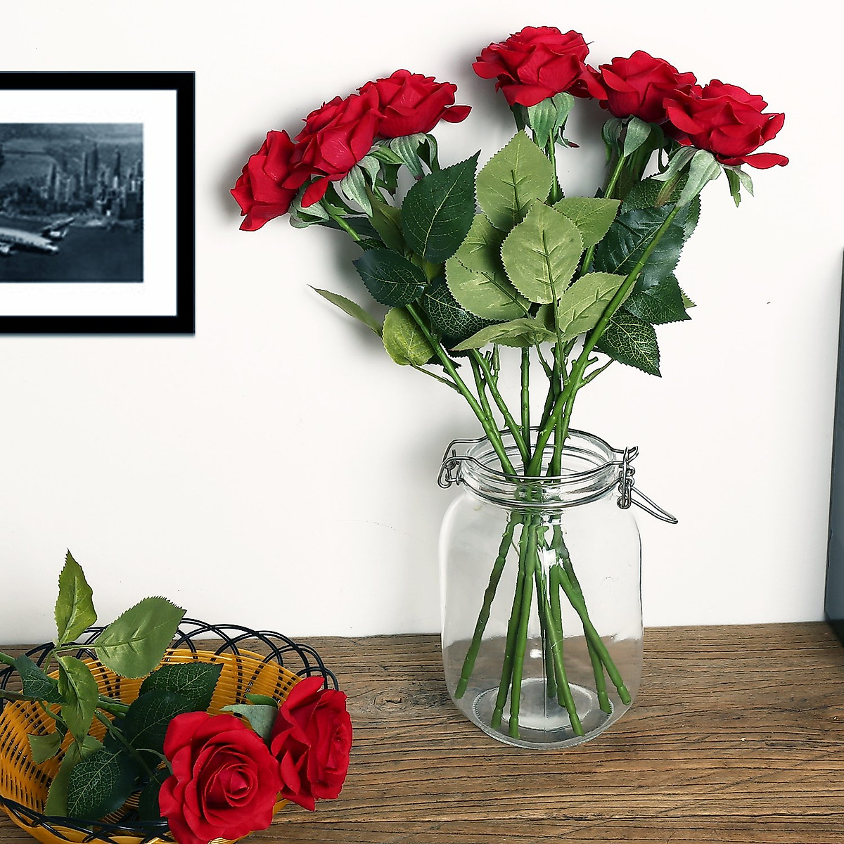 Artificial Roses Fake Silk Flowers Real Touch Long Stem for Wedding Party Home Office Outdoor Craft Decoration, Pack of 10 (Red)