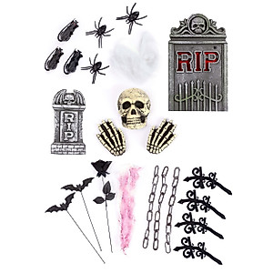 Fun Costumes 24 Piece Halloween Decoration Set, Spooky & Scary Home Decor Kit, Tombstones, Skeleton, Graveyard Prop & Bats