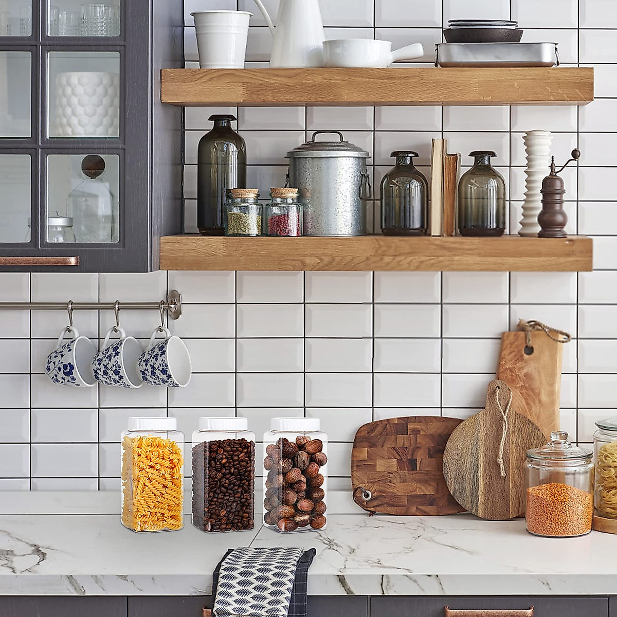 Fasmov 9 Pack 32 Oz Square Plastic Jars with White Lids, Wide Mouth Clear Square Empty Plastic Slime Storage Containers for Crafts, Dry Food, Peanut Butter, Honey and Jam Storage - BPA Free