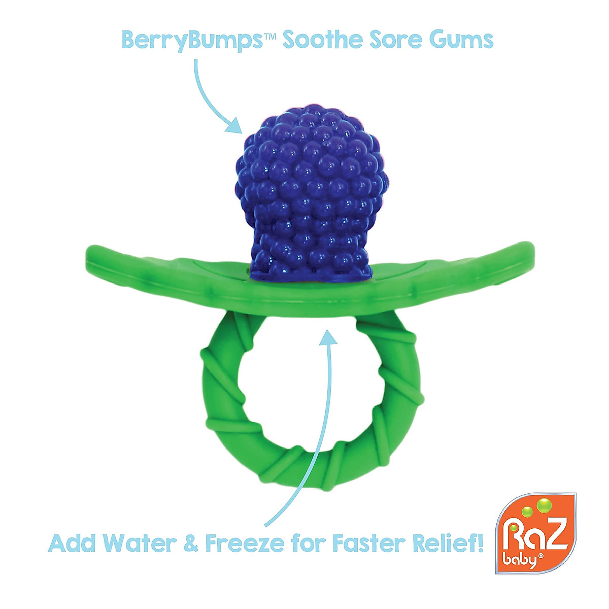 RaZbaby Soft Silicone Infant & Baby 3M+ Teether Toy Berrybumps Textured Teething Relief Pacifier - Soothes Sore Gums - Hands-Free & Easy-to-Hold Fruit-Shaped RaZberry Design, BPA Free – Blue
