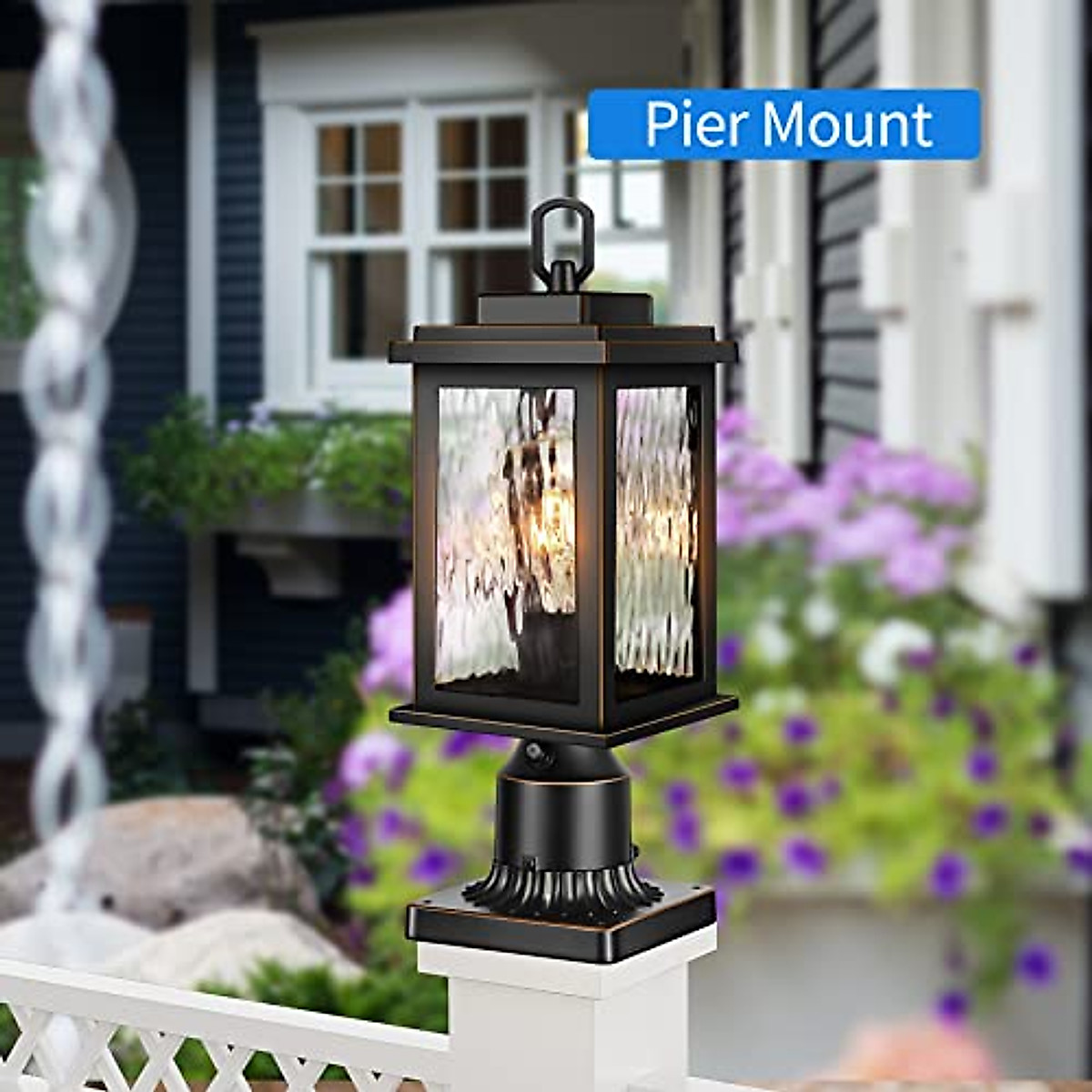 VIANIS Dusk to Dawn Outdoor Post Light with Pier Mount Base, Waterproof Lamp Post Light Fixture, Black Aluminum 3-inch Exterior Post Lamp with Tempered Glass for Driveway, Backyard, Patio, Garden