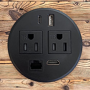 Round Desktop Conference Room Power Grommet Outlet, FITS 3 1/8" - 3 1/4" 2 (TR) AC Outlets, 2 USB Charging Ports, 1 CAT 6, 1 HDMI, ETL Listed (DC-8689-Black)