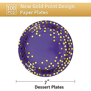 CENLBJ Purple and Gold Paper Plates,7INCH Purple Dessert Party Plates,Purple Foil Polka Dots Paper Plates for Birthdays,Graduation,Mardi Gras,Bridal Parties(100 PCS)
