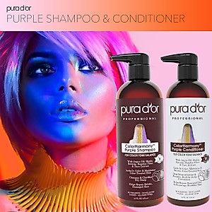 PURA D'OR 16 Oz ColorHarmony Purple Shampoo For Bleached, Blonde, Silver & Color Treated Hair - Keratin, Bamboo Fiber, No Sulfates, Select Natural Ingredients - Men & Women