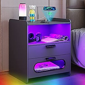 Gurexl RGB Nightstand with Wireless Charging Station and USB Ports Auto Sensor LED 24 Color Dimmable for Bedroom Furniture,Modern End Side Bedside Table with Human Body Sensor Function