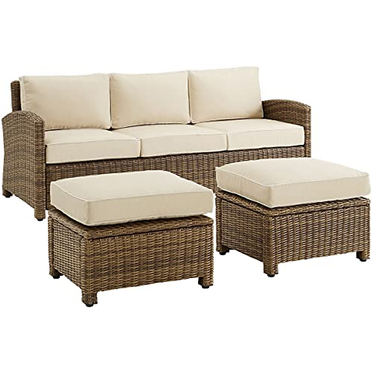 Crosley Furniture Bradenton 3-Piece Outdoor Sofa Patio Furniture Set, Wicker Conversation Sets for Porch, Brown with Sand Cushions