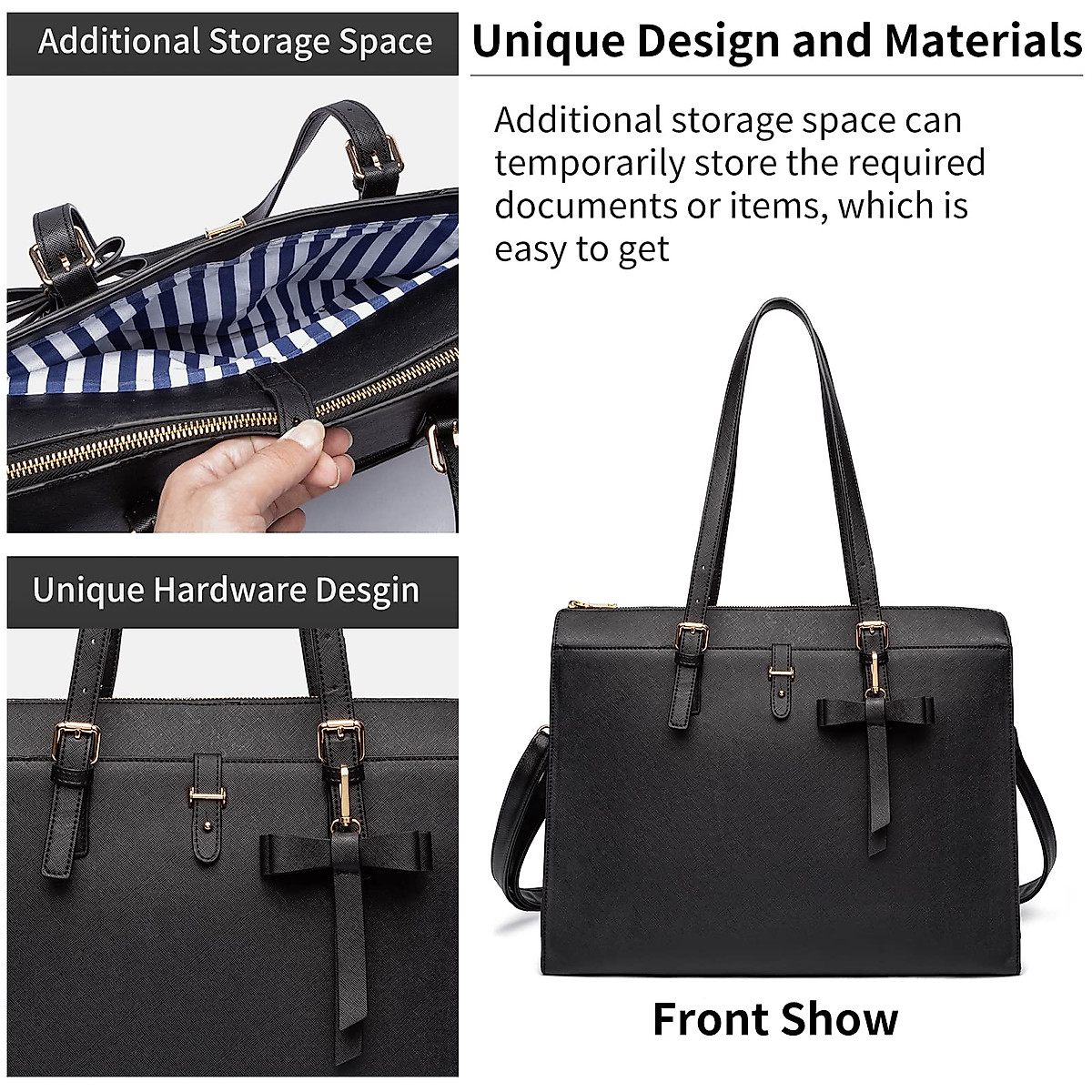 Keyli Laptop Tote Bag for Women Christmas Gifts Waterproof Leather Work Laptop Briefcase with Built-in USB Charging Port Computer Shoulder Bags Fits 15.6 Inch, Business Handbag Purse 4pcs Set Black