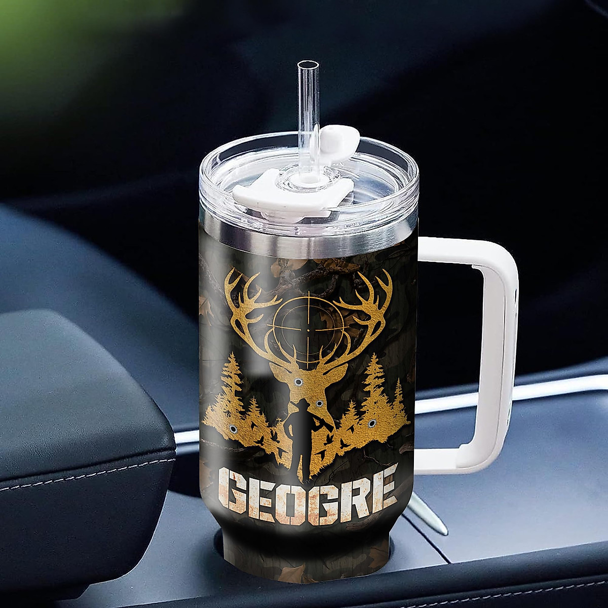 WAZONE Personalized Hunting 40oz Tumbler with Handle and Straw Lid Custom Name Wood Drawing Tumblers Stainless Steel Travel Cup for Father Dad Man Hunter Lover Gift Birthday Christmas Fathers Day